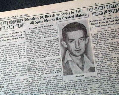 Matador MANOLETE Bullfighting KILLED Gored by Bull 1947 Old Newspaper ...