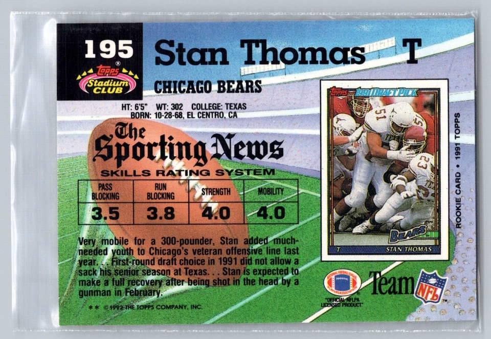 1992 TOPPS STADIUM CLUB CARD # 195 Stan Thomas - Chicago Bears | eBay