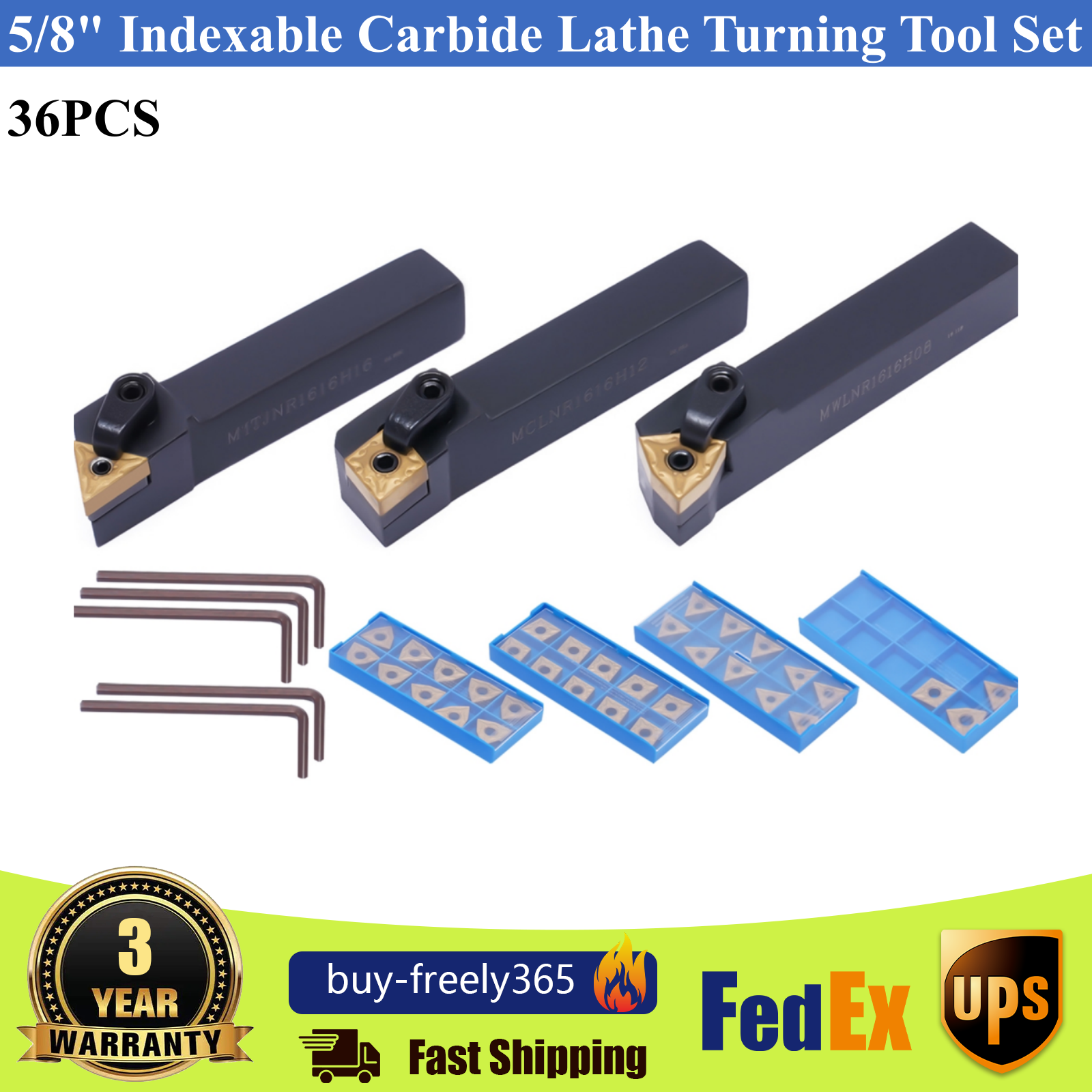 5/8" 36PCS Indexable Carbide Lathe Turning Tool Insert Holder Bit Set ...