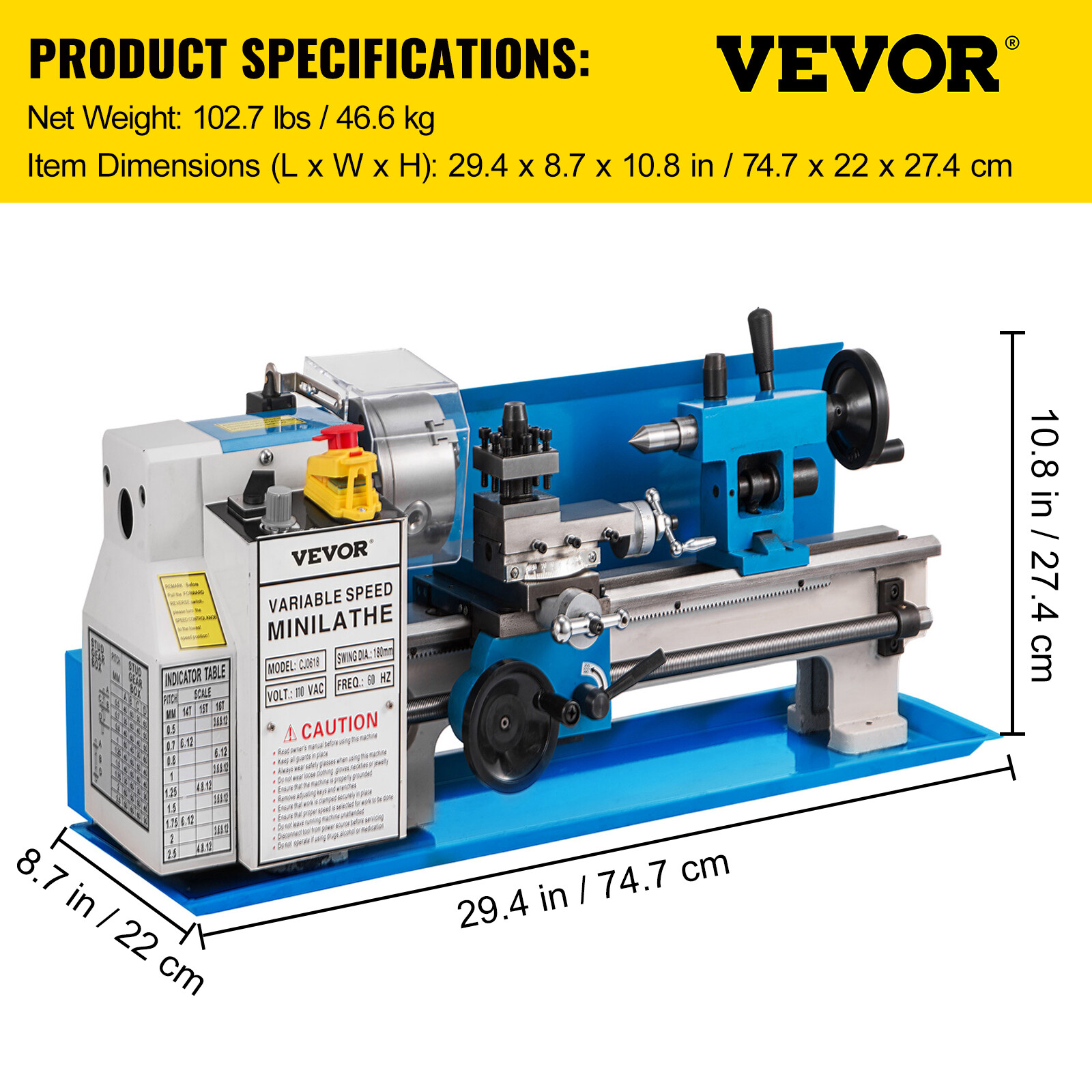 VEVOR Mini Metal Lathe 7" x 14" Metalworking Machine 2250 RPM 550W W ...