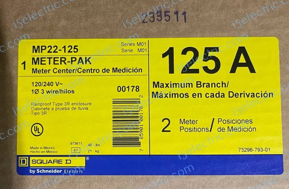 Square D MP22125 200 Amp w/2 Gang 125A Meter OH/UG MP22-125 EUSERC as ...