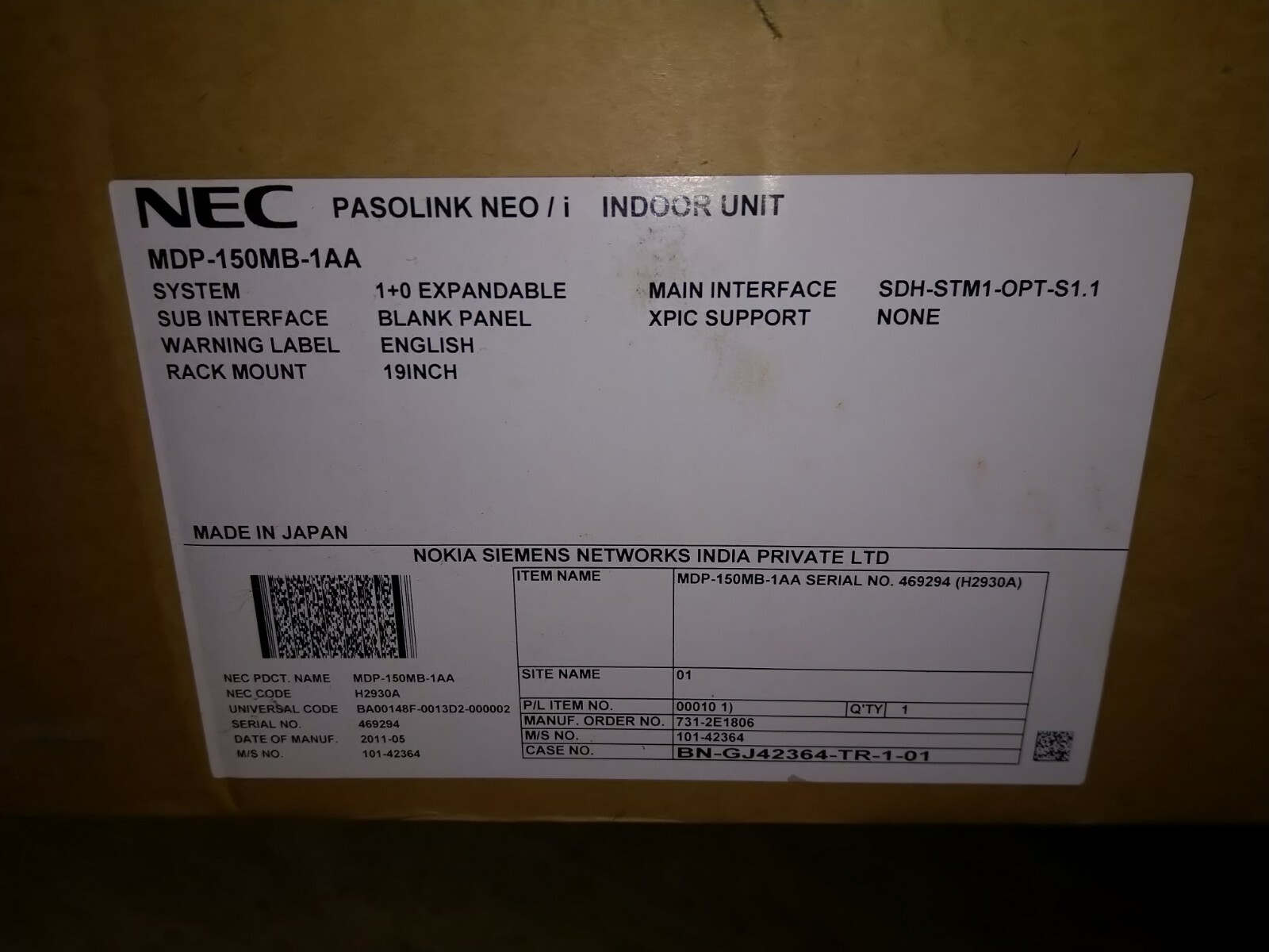 NEC Pasolink Neo/i H2930 NLITEE IDU MDP-150MB-1AA Indoor Unit | eBay