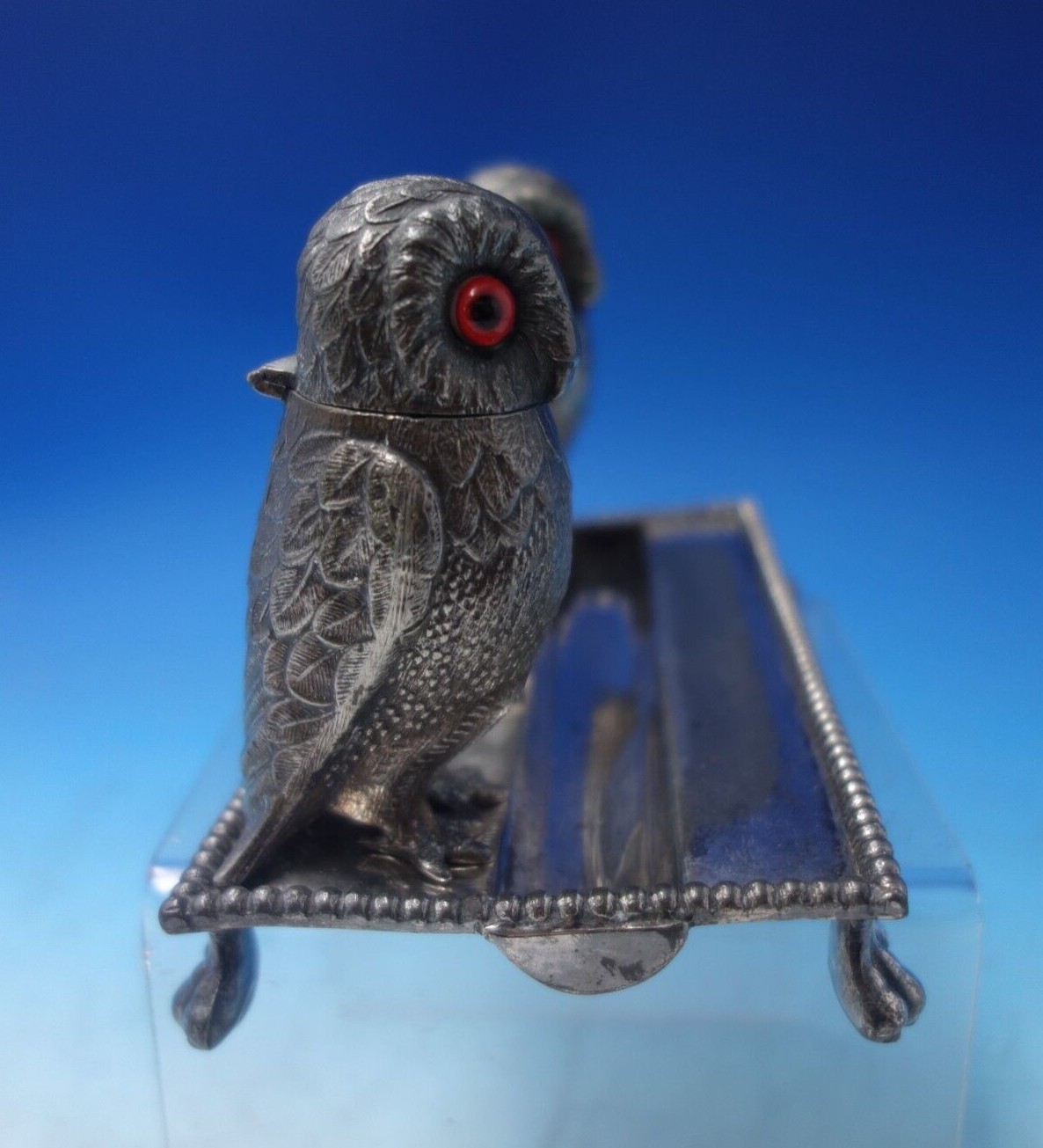 Silverplate Double Inkwell with Owls Glass Eyes 6 1/4" x 4 3/4" c.1910 ...