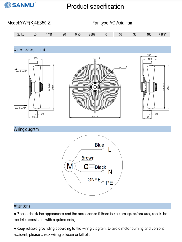 SANMU YWF (K) 4E 350-Z 1400 RPM Fan Motor (AC Axial Fan) | eBay UK