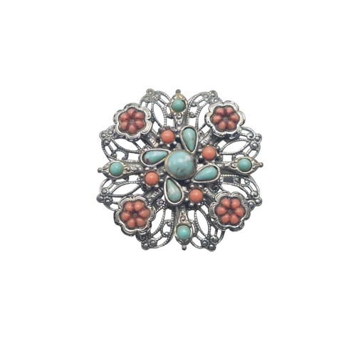Vintage Faux Turquoise Coral Brooch Pin Silver Tone Filigree ...
