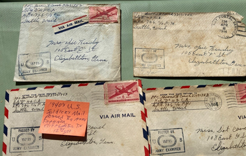 13- 1940's U.S. SOLDIERS MAIL PASSED BY ARMY EXAMINER ELIZABETHTON ...