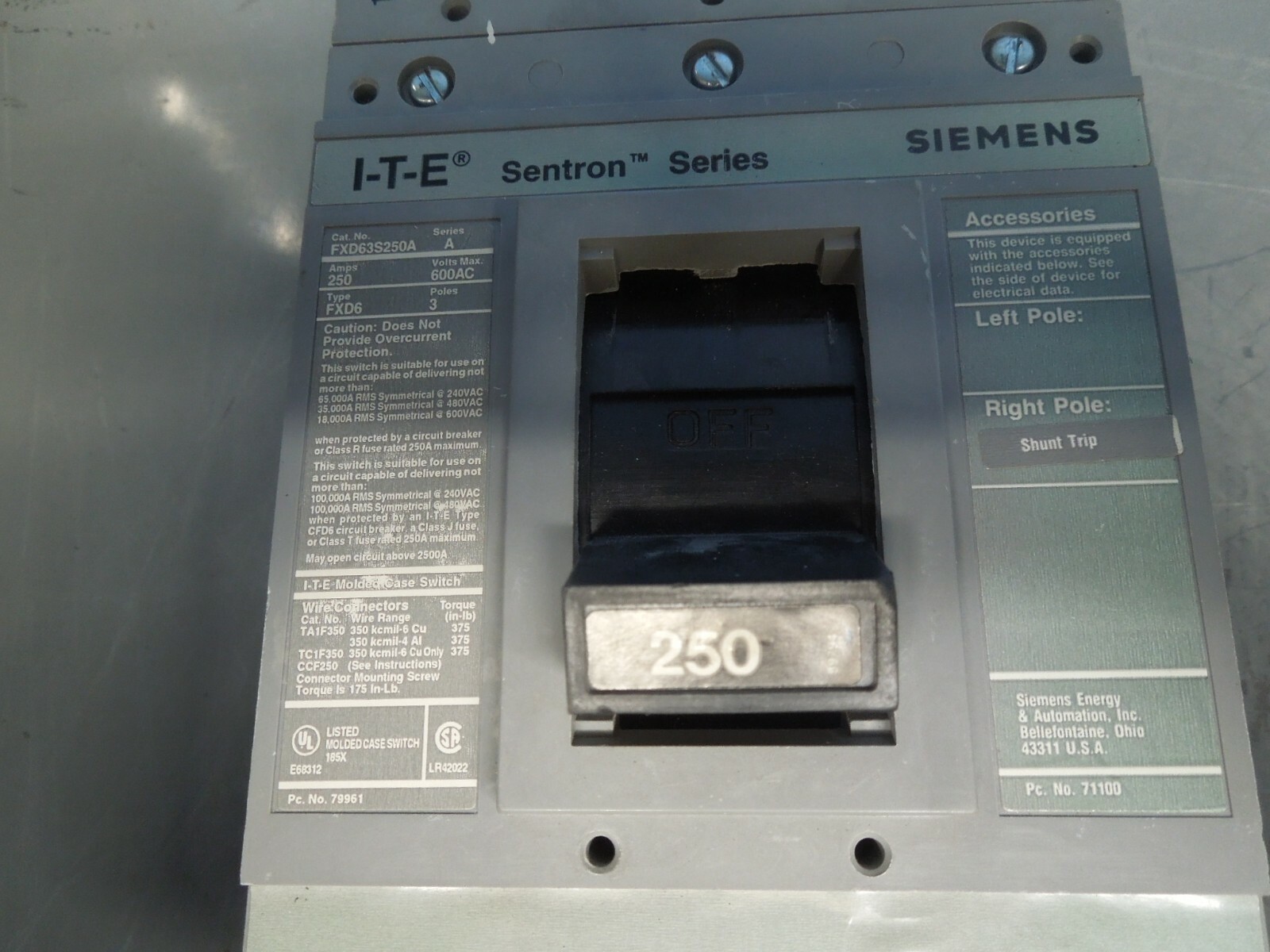 Siemens Sentron Type FXD6 FXD63S250A 250A 3P 600V Molded Case Switch ...