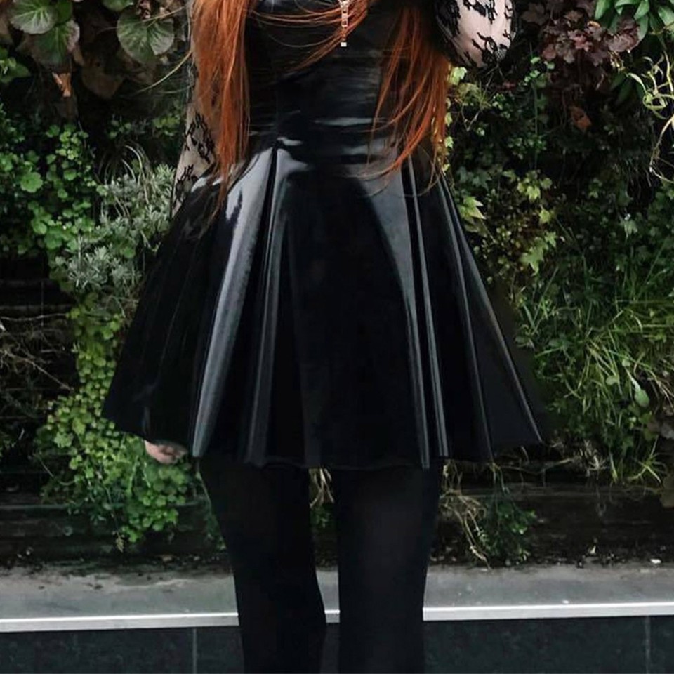 Elegant Black PVC Leather Pleated Skirt Flared A Line Skater Skirt for ...