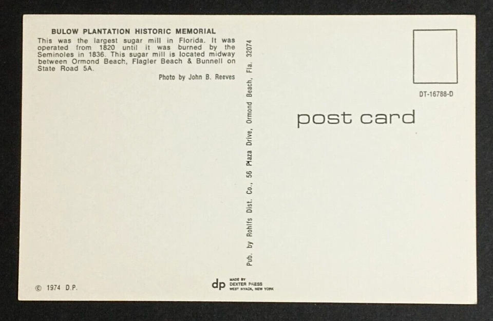 Bulow Plantation Sugar Mill Ruins Florida FL Dexter Press UNP Postcard ...