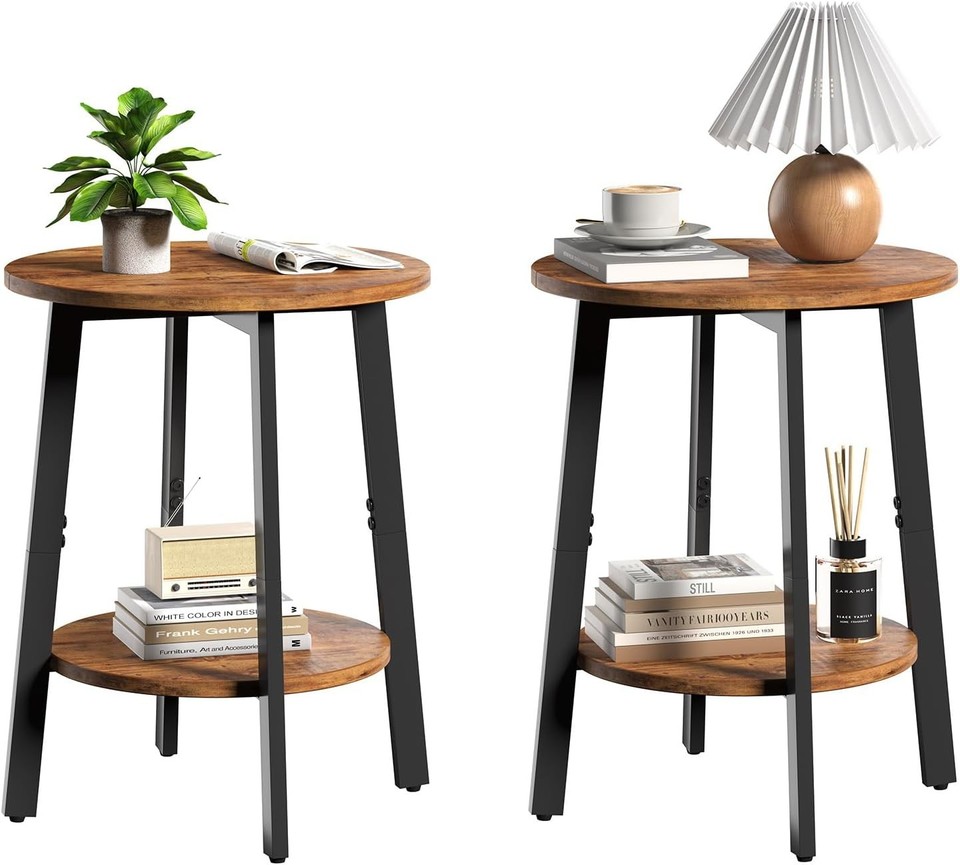 Side Table Small Round End Table W/ Storage Shelf Small Space 2-Tier Bedside | eBay