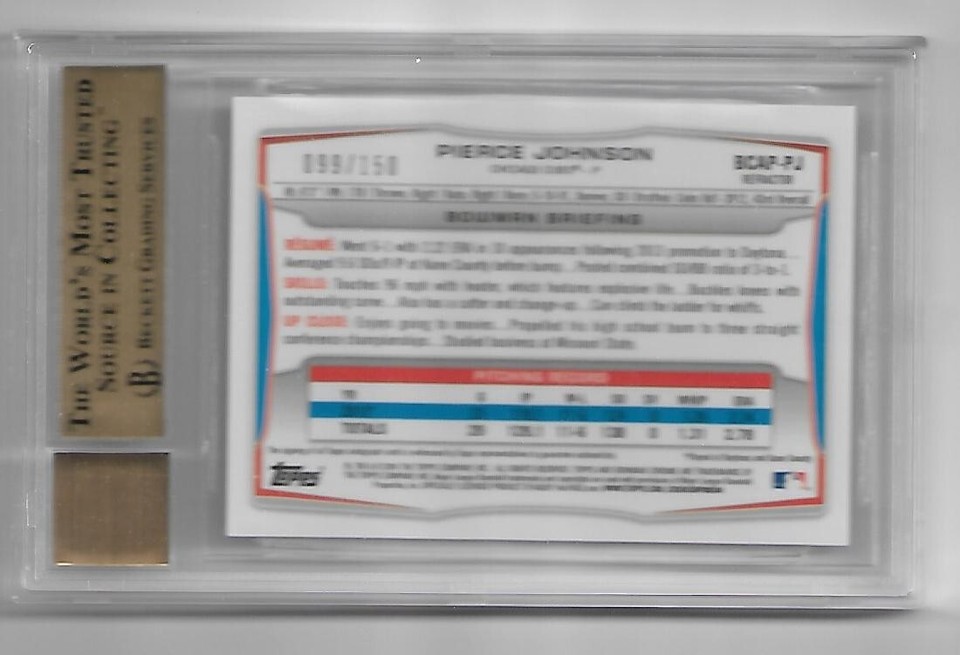PIERCE JOHNSON 2014 BOWMAN CHROME PROSPECTS BLUE REFRACTOR AUTO 099/150 ...