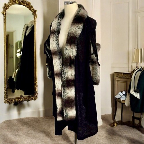 Pretty Angel Faux Fur Trimmed Duster Vest Black Linen Wool Knit ...