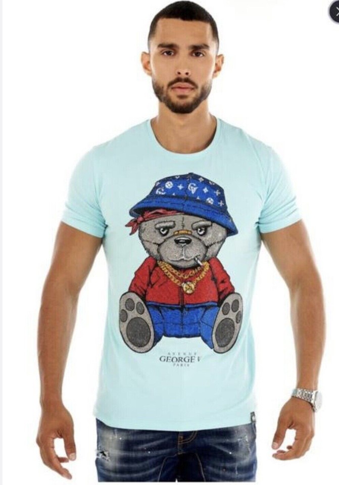 Avenue George V Paris Men's Blue T-Shirt Teddy Bear Fitted Rhinestone ...