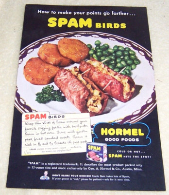1944 Hormel SPAM Ad - How to Make Your Points Go Farther...Spam Birds ...