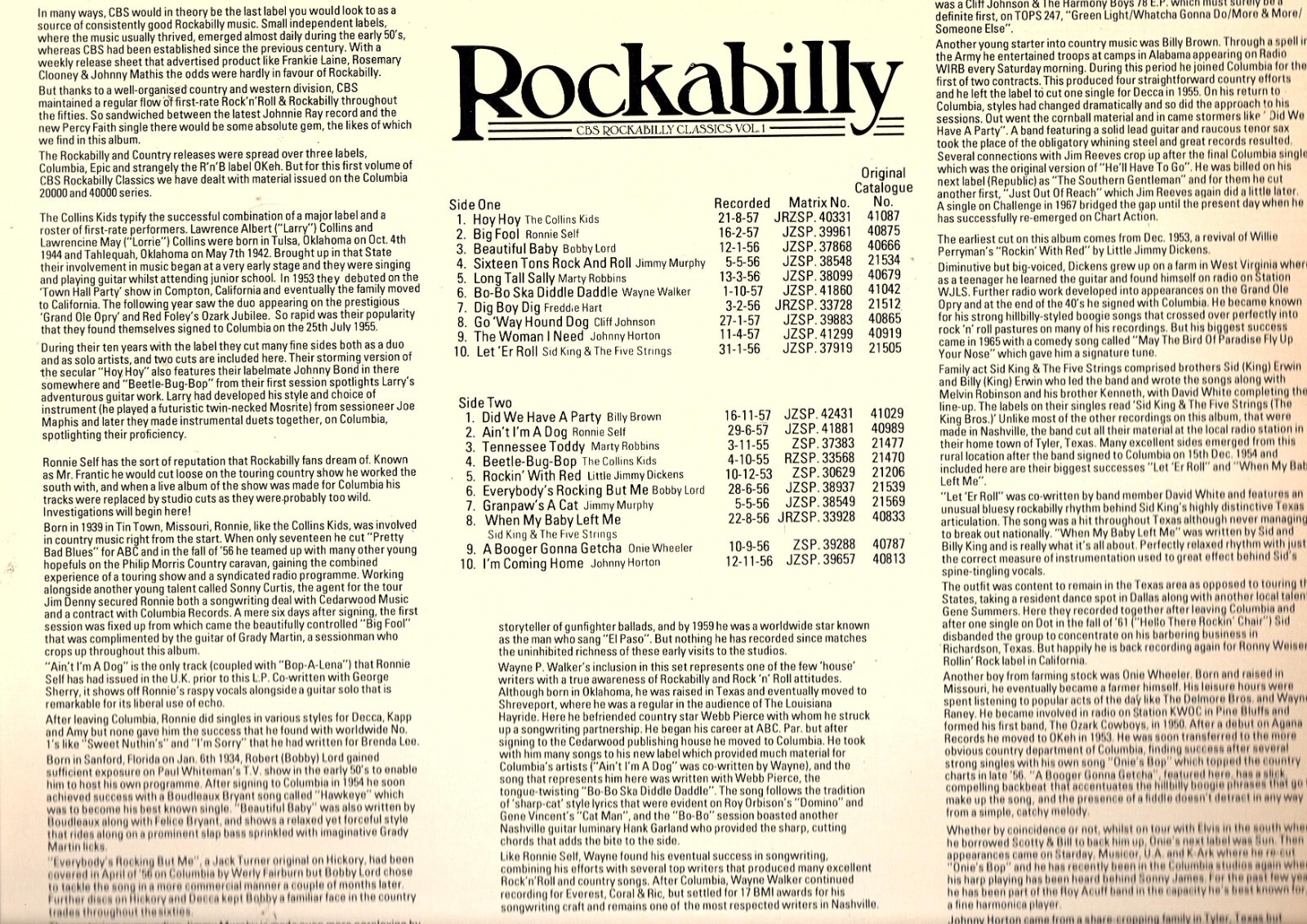 " CBS ROCKABILLY CLASSICS VOL. 1 " LP CBS [DIVERS ARTISTES] [UK] | eBay