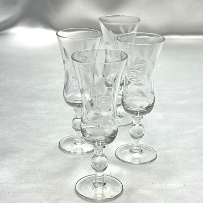 Vtg Gray Cut Rose Floral Etched Clear Schnapps Cordial Glasses 2 Ounces ...
