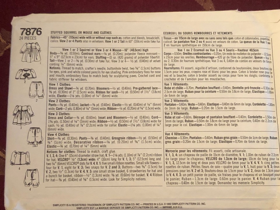 🦋 SIMPLICITY #7876-CUTE 16" STUFFED SQUIRREL or MOUSE DOLL & CLOTHES ...