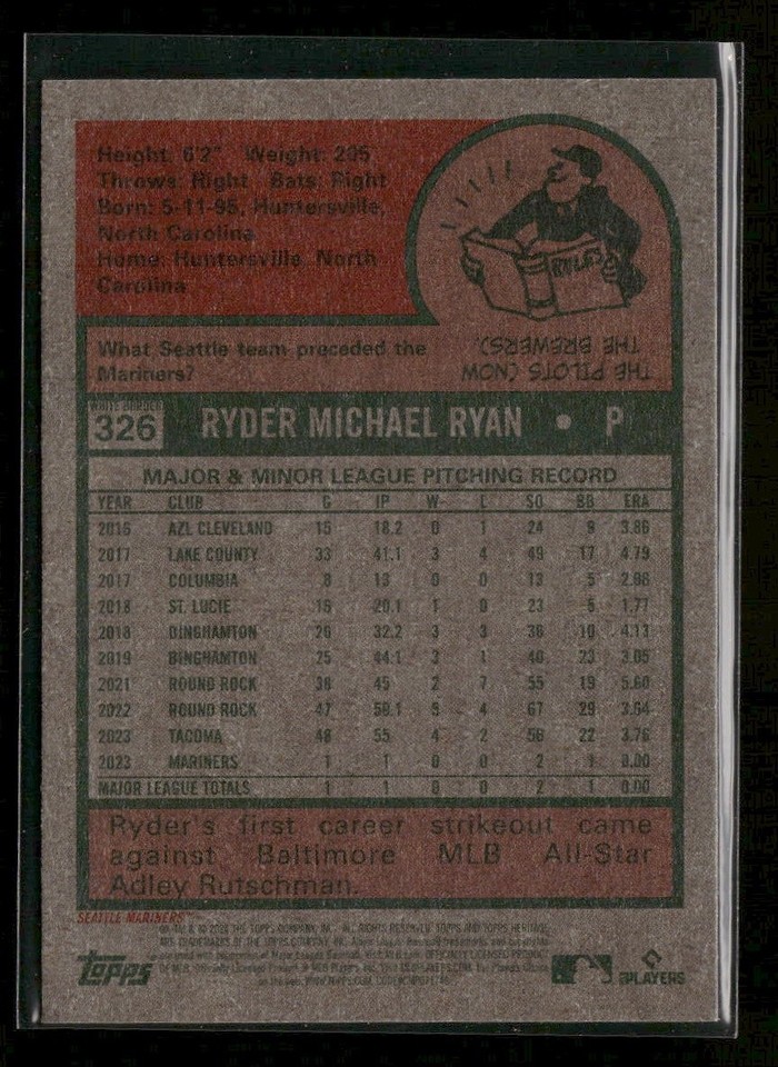 Ryder Ryan 2024 Topps Heritage White Border #326 Rookie Seattle ...