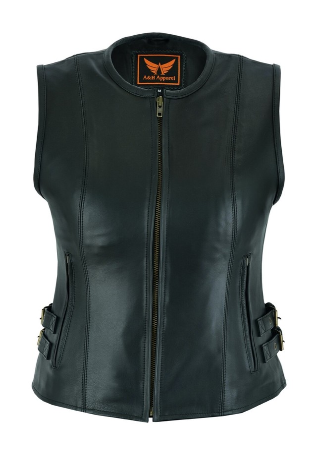 Women Motorcycle Biker Classic Vest Genuine Cowhide Leather Vest With ...