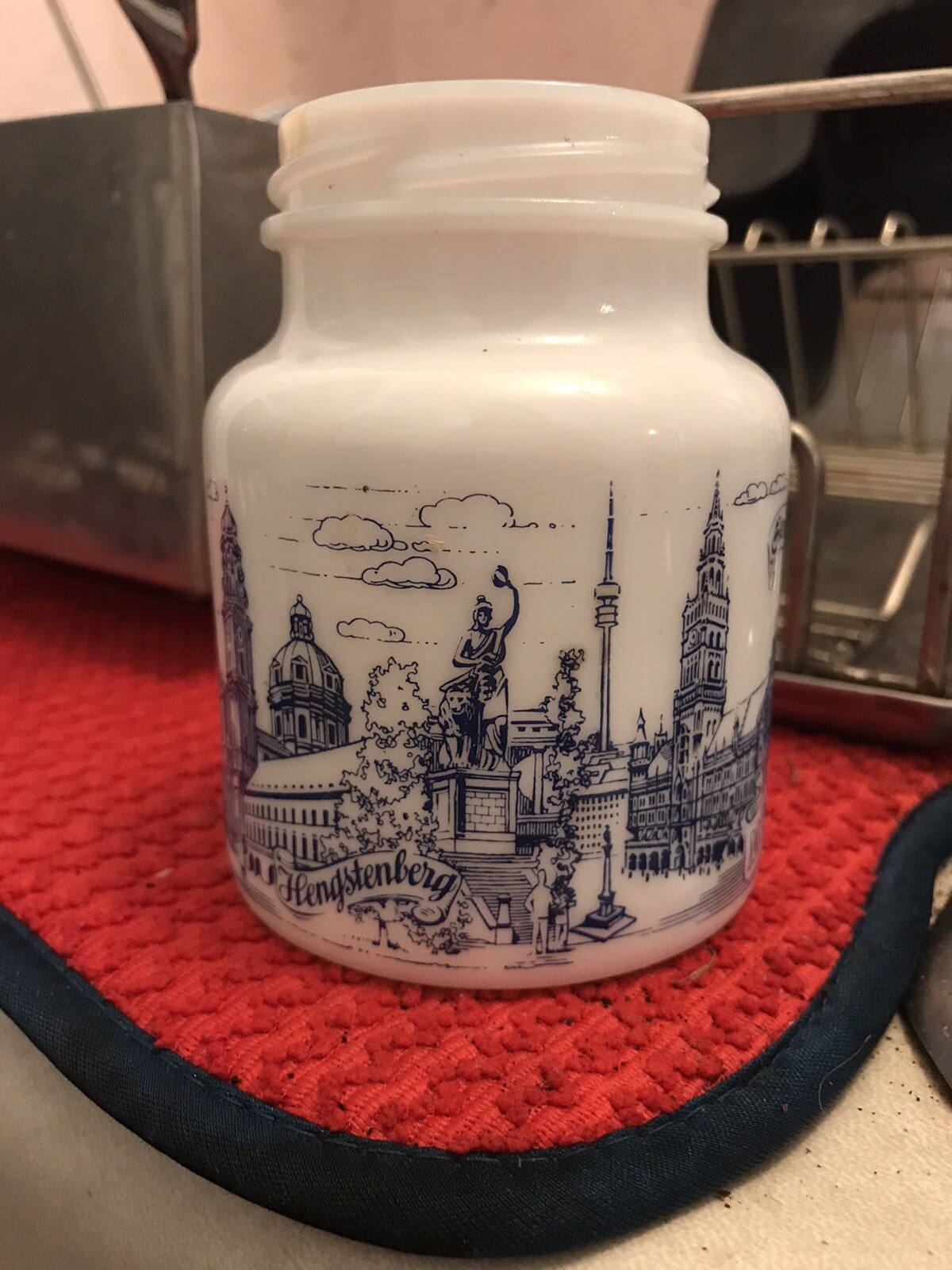VTG Blue White Mustard Jar Milk Glass München Senape Hengstenberg Senf ...