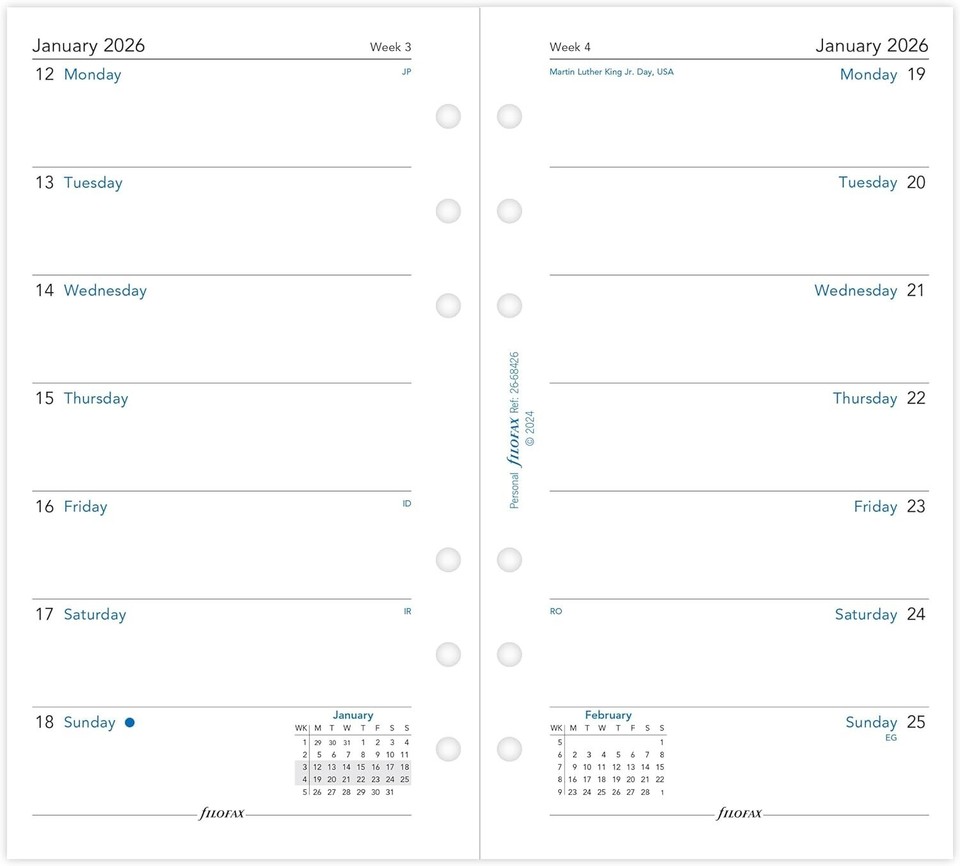 Filofax 2026 Personal size Week on One Page Diary Insert Refill 26 ...