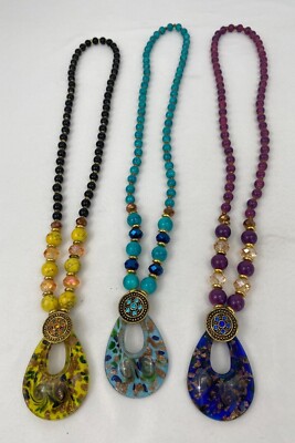 Women's Long Chunky Beaded Handmade Statement Necklace w/Tear Drop ...