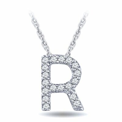 0.05Ct Real Diamond R Initial Pendant Necklace 14k White Gold Over 18 ...