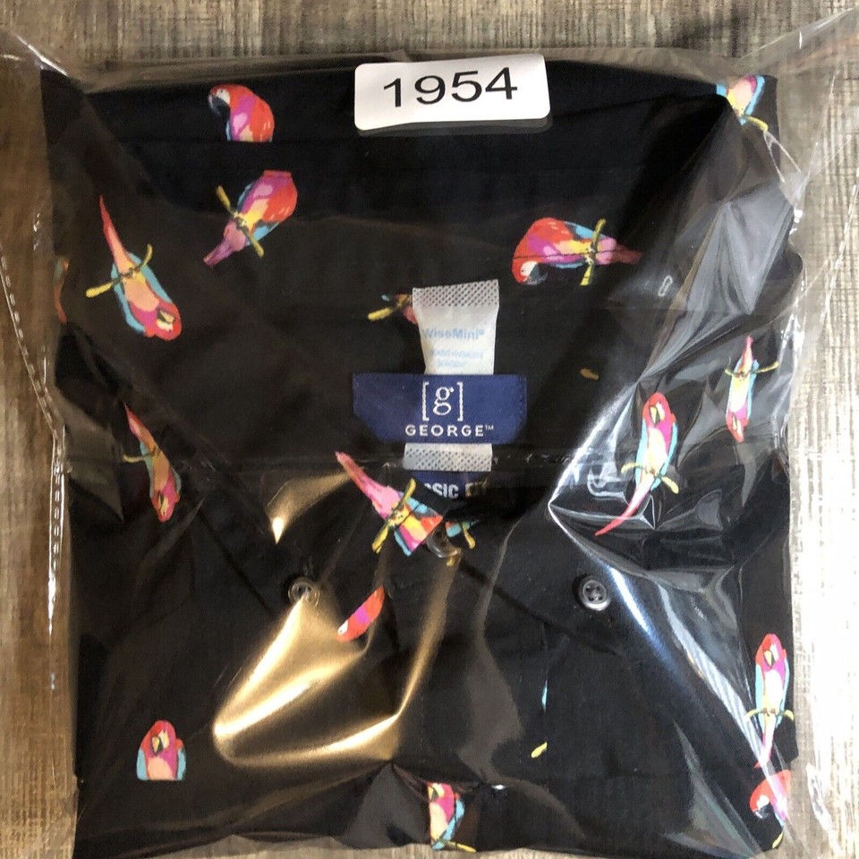 Parrot Shirt Mens XL Black Hawaiian S/SLV Classic Fit 46-48 George ...