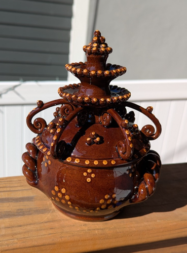 Breininger Redware Pottery Decorated Ornate Handles Covered Sugar Bowl ...