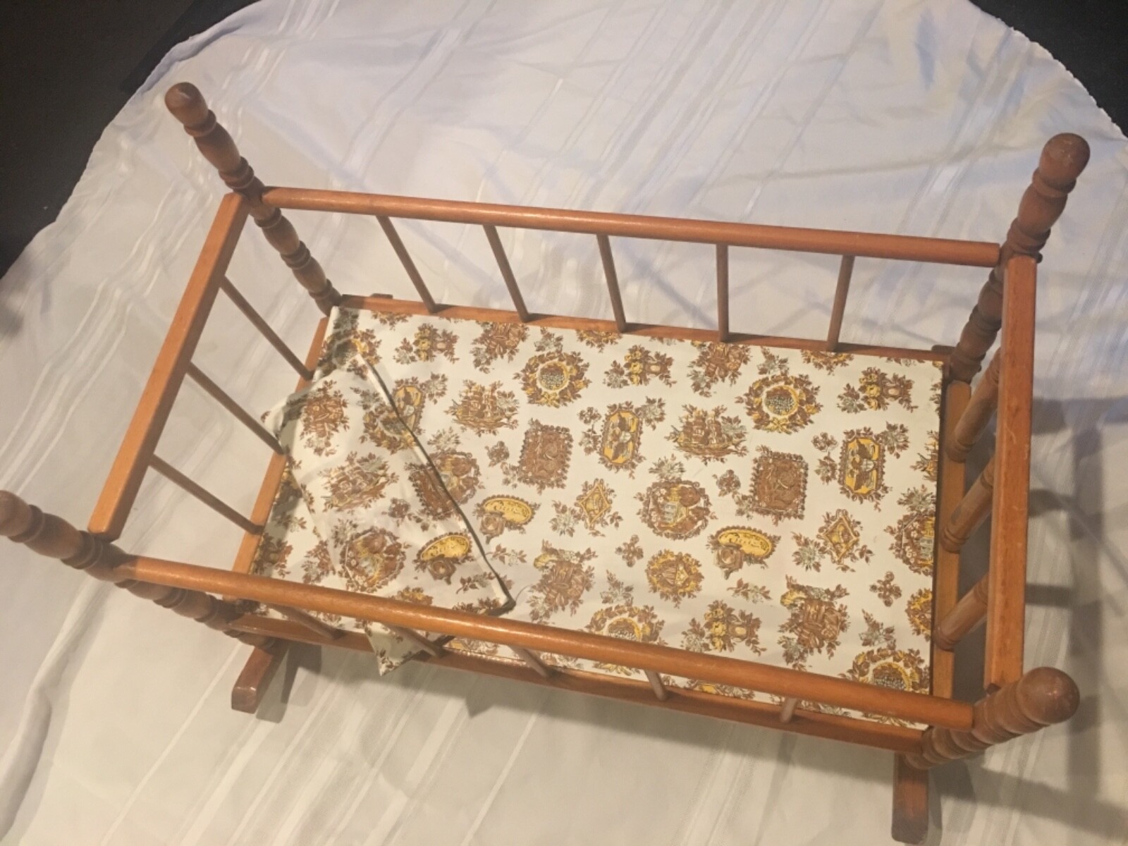 Vtg N.D. Cass Co. Baby Doll Rocking Cradle Crib Wooden w/ Original Pad ...