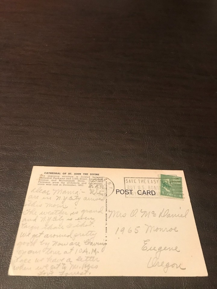 CATHEDRAL OF ST. JOHN THE DEVINE - NEW YORK CITY - POSTED POSTCARD - 1946 | eBay