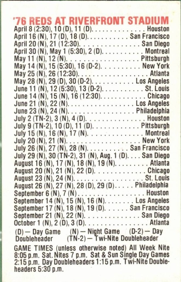 1976 Cincinnati Reds team issued home games pocket schedule card | eBay