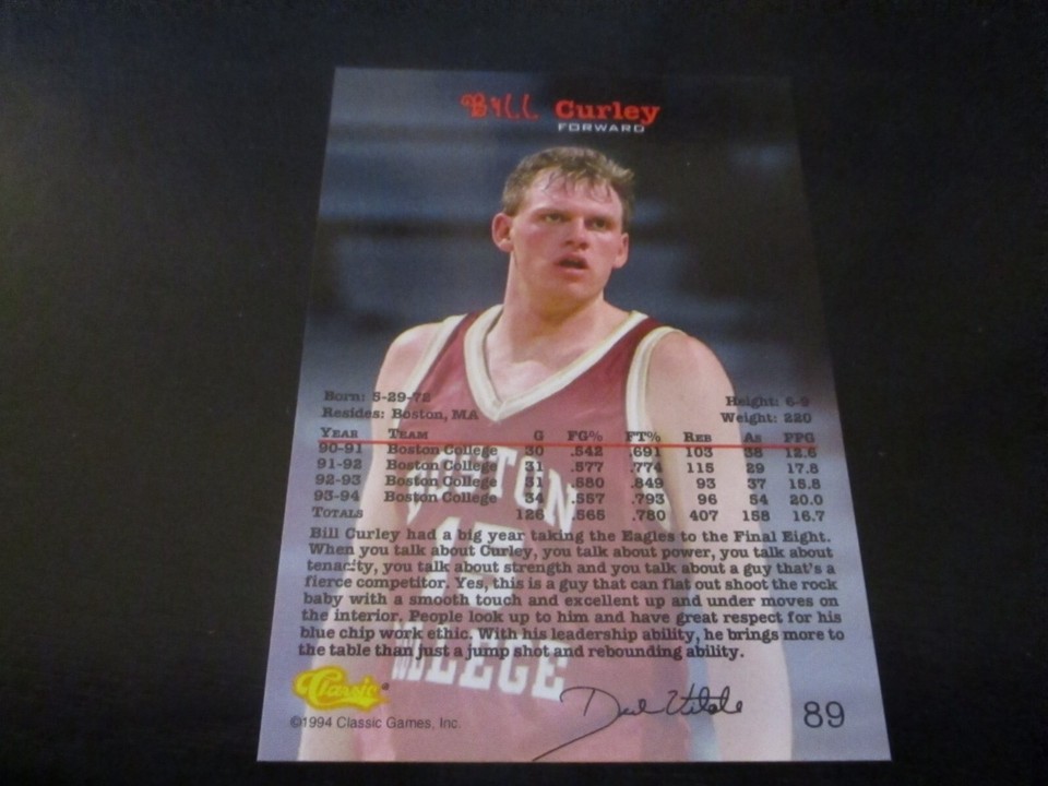 bill curley (boston college - center) 1994 classic ROOKIE card #89 nr ...