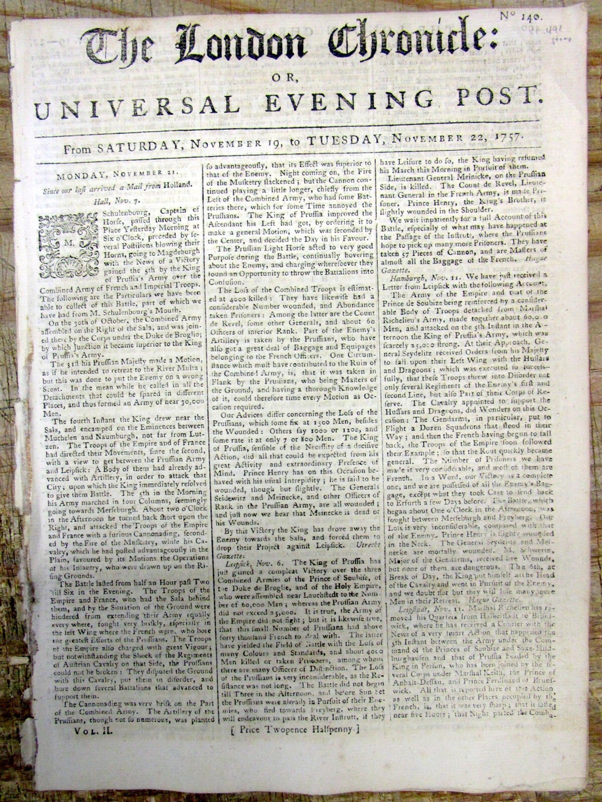 1757 London ENGLAND French & Indian War era newspaper w RED halfpenny ...