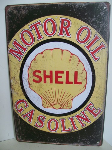 RETRO VINTAGE DESIGN SHELL MOTOR OIL GASOLINE TIN SIGN GARAGE MANCAVE ...