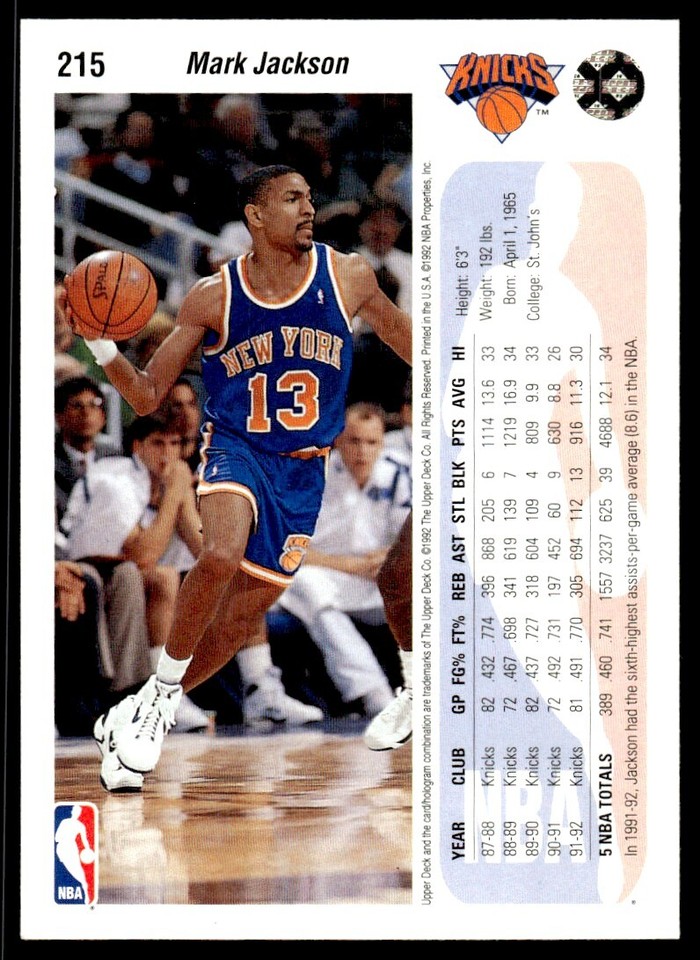 1992-93 Upper Deck Basketball Card Mark Jackson Los Angeles Clippers ...