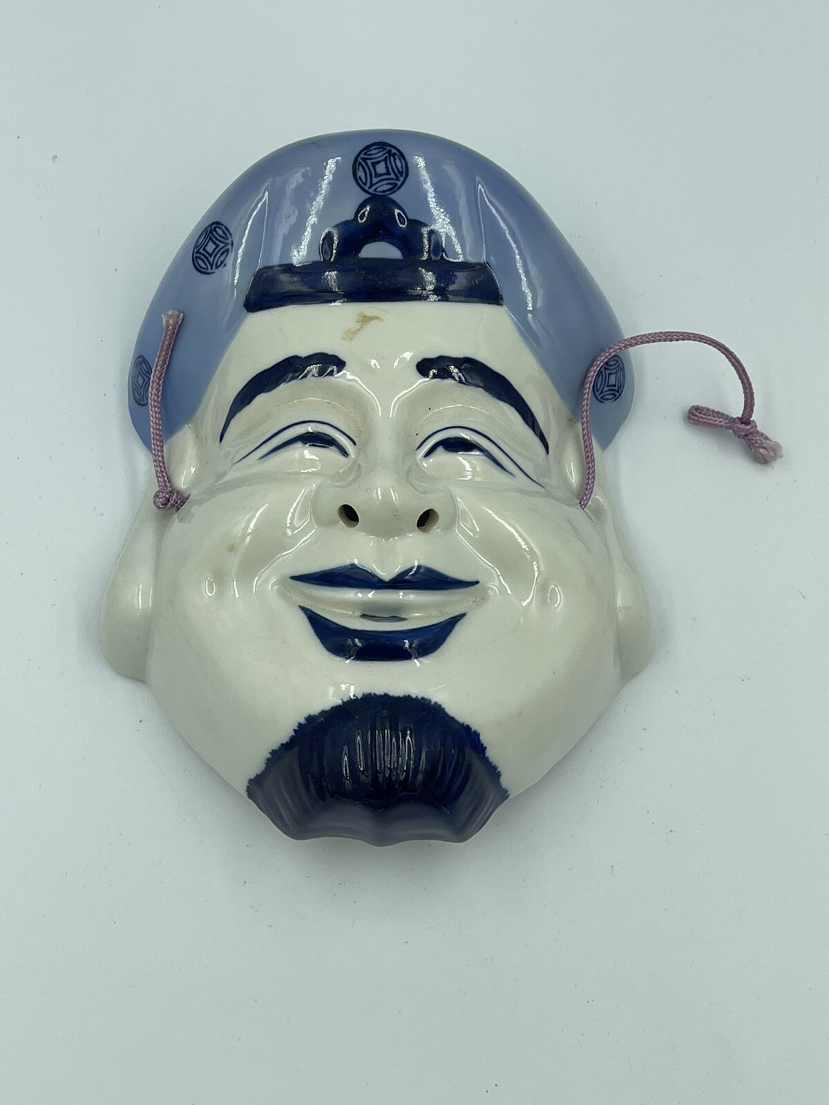 Pier 1 Japanese Daikoku Man Mask Wall Hanging Blue White Ceramic | eBay