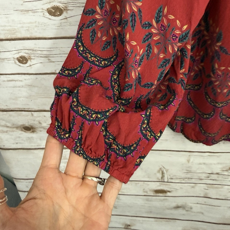 Sundance Red Boho Floral Paisley Tassel Tie Blouse | eBay