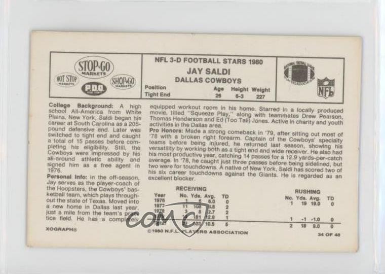 1980 Stop 'n Go NFL 3-D Football Stars Jay Saldi #34 Rookie RC | eBay