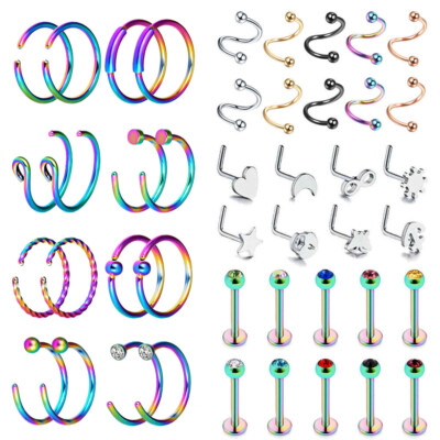 44PCS Surgical Steel Labret Lip Studs Nose Rings Earrings Piercing Kit ...