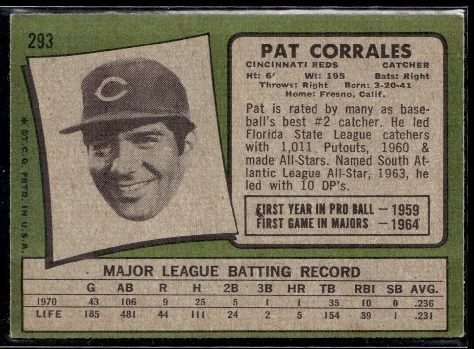 1971 Topps Pat Corrales #293 Cincinnati Reds G/VG/EX | eBay