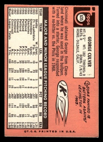 1969 TOPPS GEORGE CULVER 635 VG-EX BASEBALL CINCINNATI REDS | eBay