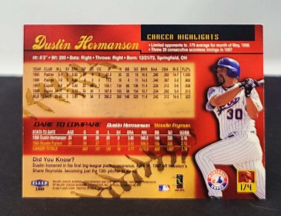 DUSTIN HERMANSON Signed Autographed 1999 Fleer Card #174 Montreal Expos ...
