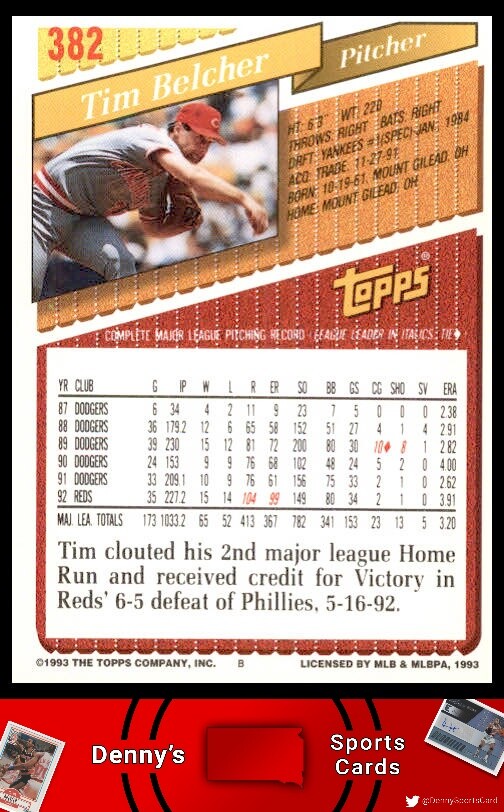 1993 Topps #382 Tim Belcher Cincinnati Reds Baseball Card | eBay