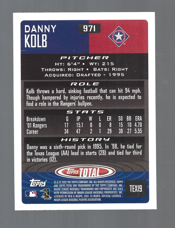 Danny Kolb AUTOGRAPH Texas Rangers 2002 Topps Total #971 AUTO Baseball ...