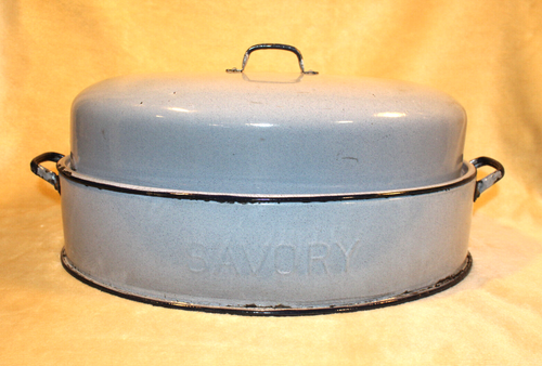 VINTAGE ENAMEL SAVORY MID-CENTURY ROASTING PAN, LIGHT BLUE SPECKLED ...