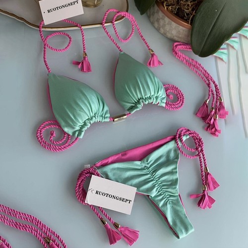 Women Sexy Push Up Bikini Set Braided String Swimwear Ruched Thong ...