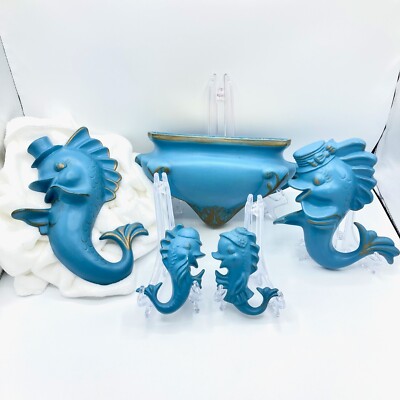 Rare Vintage Blue Ceramic Fish Family w/ Wall Pocket Planter Complete ...