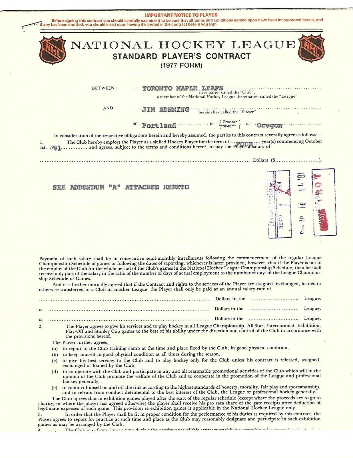 RARE 1/1 1981 NHL ROOKIE PLAYER CONTRACT JIM BENNING, TORONTO MAPLE ...