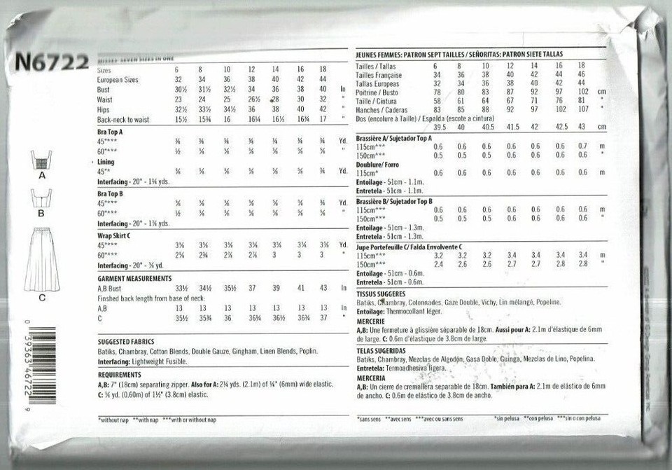 New Look #N6722 Cute Top and Skirt with Variations Pattern Size 6-18 uc ...